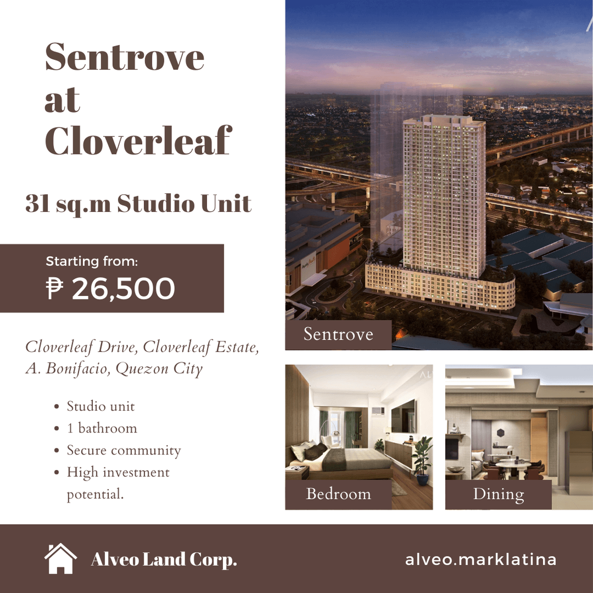 31 sqm Studio Condo For Sale in Quezon City Sentrove Cloverleaf Alveo ...