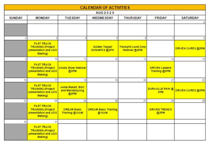 Calendar of Activities: August 2020 - BECOMING SUPER SELLER