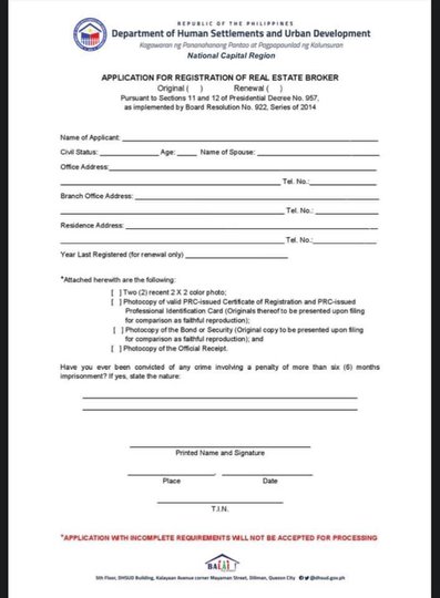 Renewal / Application for Registration of Real Estate Broker - DHSUD ...