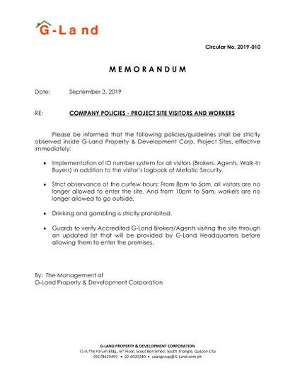 Memo forManagement regarding Project Site Visitors - DRIVEN - G Land ...