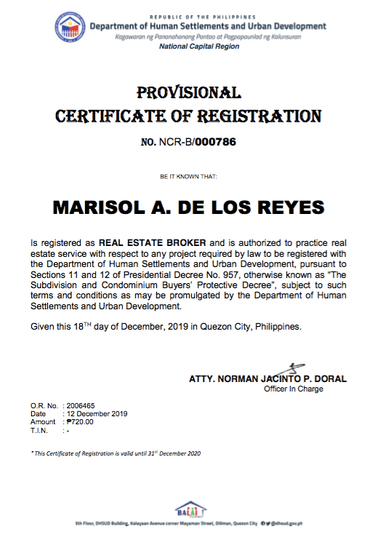 DHSUD Digital Provisional Certificate of Registration for 2020 - Self ...