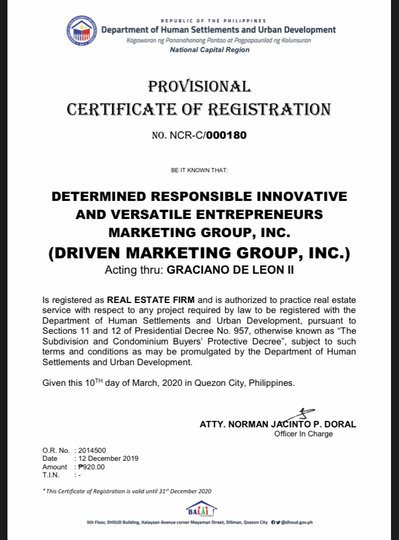 DRIVEN Provisional Certificate of Registration (DHSUD) - DRIVEN ...