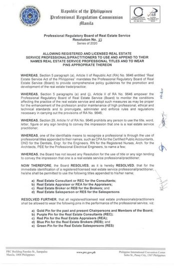 PRC Resolution No. 15, S 2020: Upholding Prof Identity in RE Practice ...