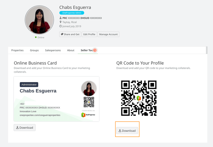 How can I download my Profile QR Code? - Selling Properties on OnePropertee